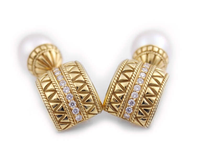 13-13.5mm Pearl Diamond Gold Detachable Dangle Earrings at 1stDibs