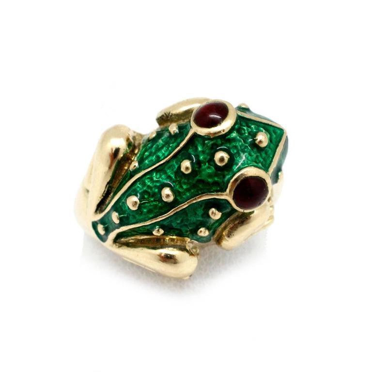 Signed Hidalgo 18kt Gold Perfect Green Enamel Work and Ruby Eyes Huge ...