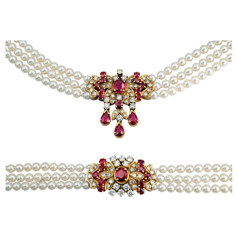 Ruby Diamonds and Pearls 18 Kt. Necklace and Bracelet Set For Sale at ...