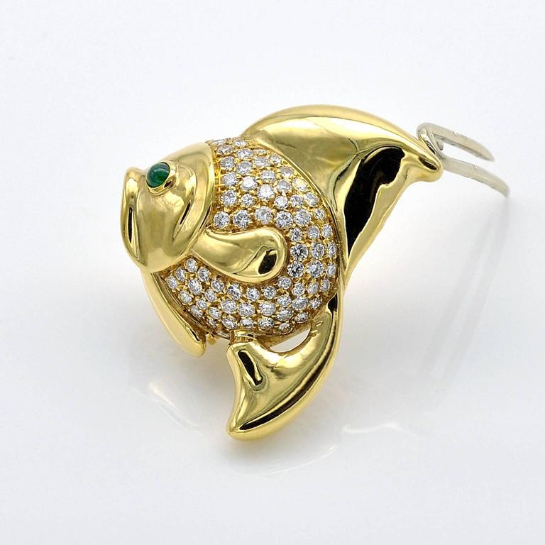 Emerald Diamond Gold Fish Brooch / Pendant Necklace at 1stDibs