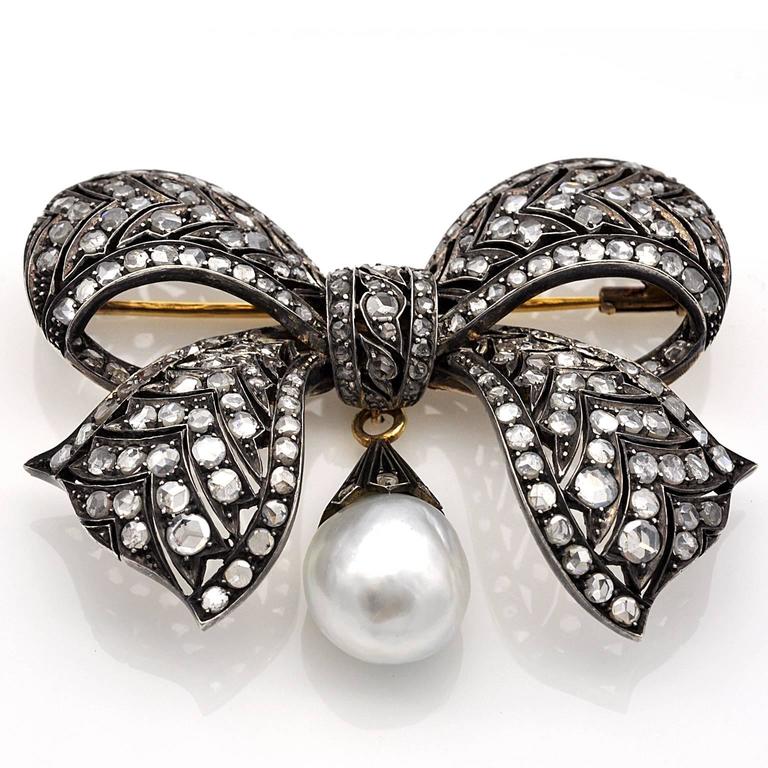Victorian Diamond Silver Topped Gold Bow Brooch at 1stDibs