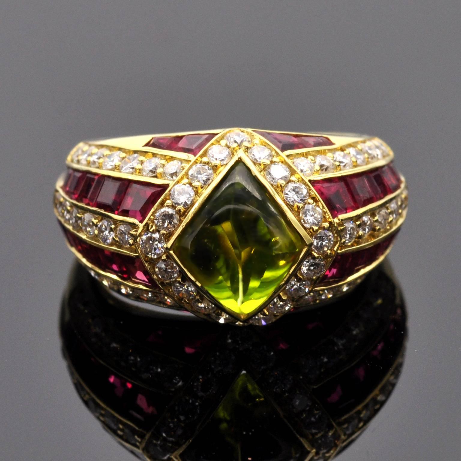 Peridot Ruby and Diamond Gold Ring at 1stDibs | peridot and ruby ring ...