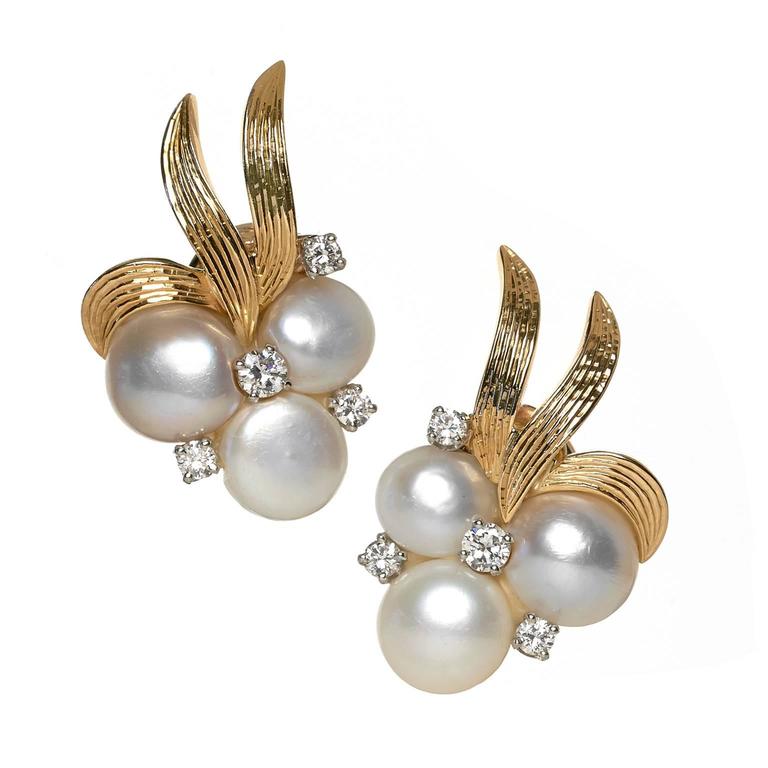 William Ruser Mississippi River Pearl Diamond Gold Earrings, circa 1950 ...