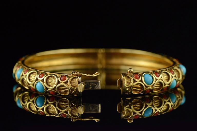 1970s Western Style Turquoise Coral Gold Bangle Bracelet at 1stDibs