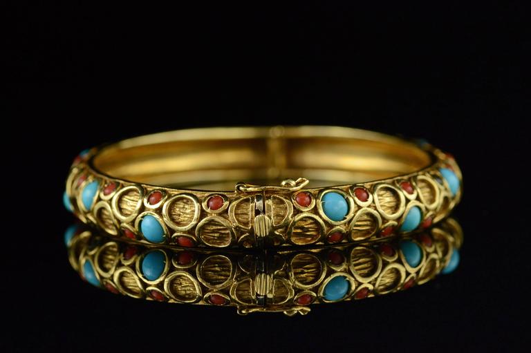 1970s Western Style Turquoise Coral Gold Bangle Bracelet at 1stDibs