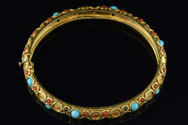 1970s Western Style Turquoise Coral Gold Bangle Bracelet at 1stDibs