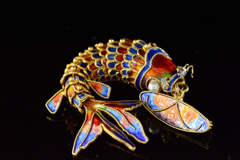 Victorian Era Chinese Red and Blue Enamel Gold Articulated Fish Pin at ...