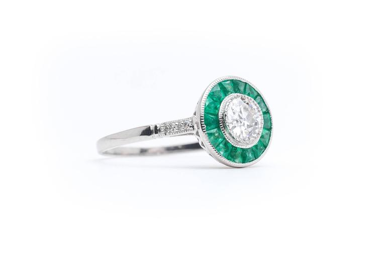 Forest Green Emerald Diamond Platinum Target Ring For Sale at 1stDibs