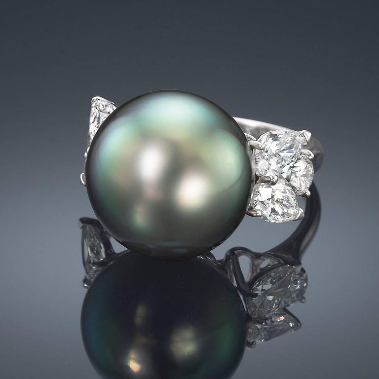 Tahitian Pearl Diamond Platinum Ring at 1stDibs