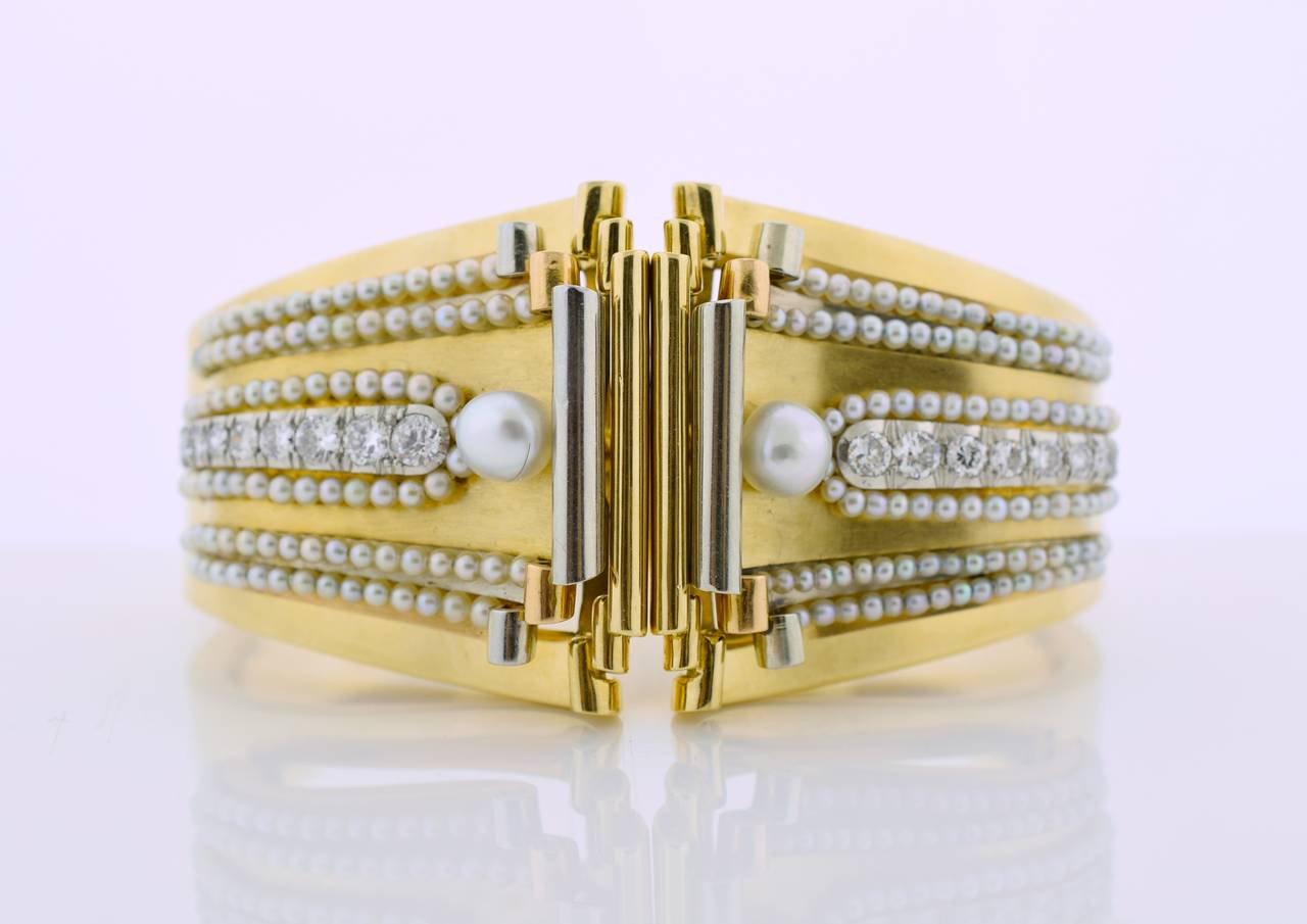 Boucheron Pearl Diamond Gold Scroll Design Bangle Bracelet For Sale at ...