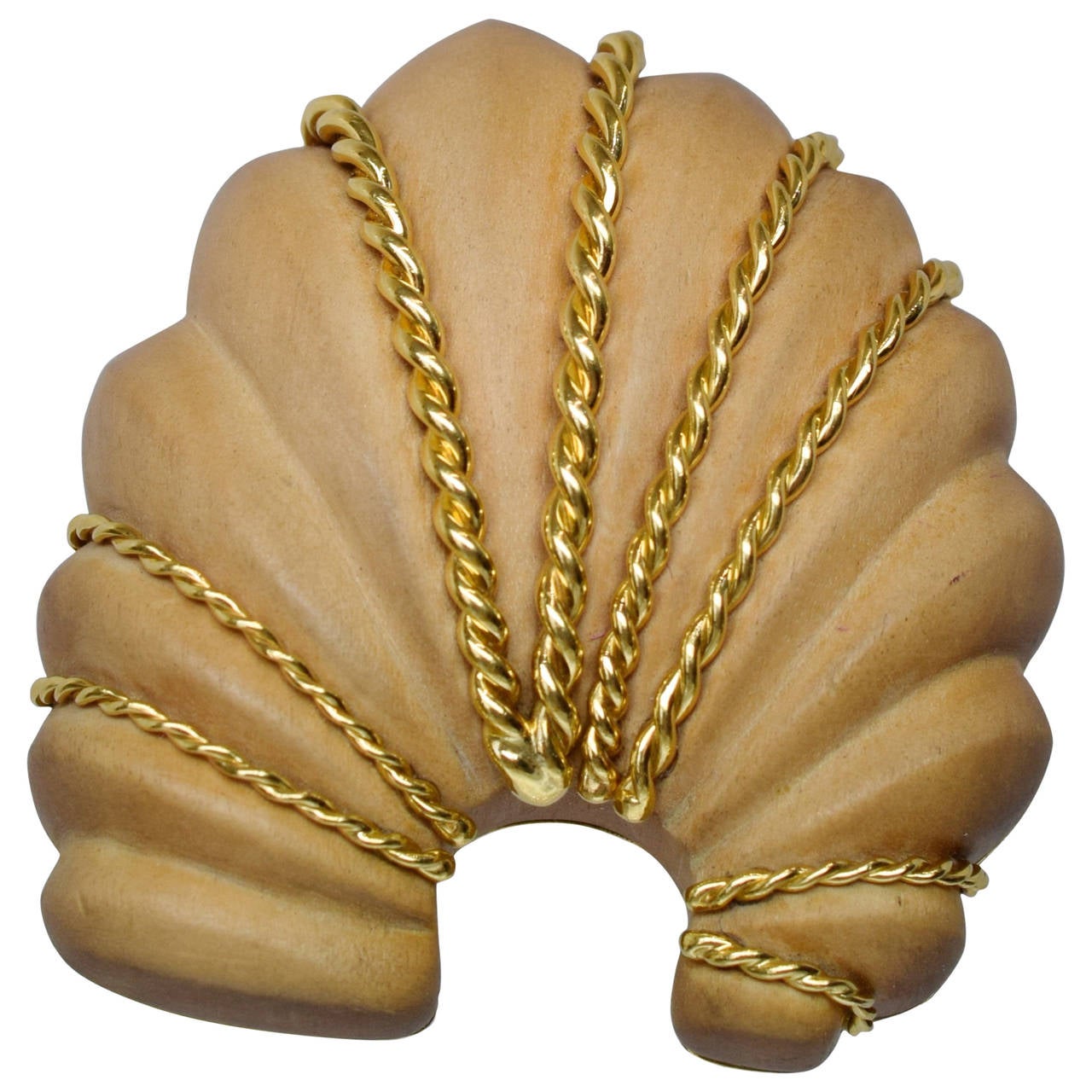 Seaman Schepps Wood and Gold Sea Shell Brooch at 1stDibs