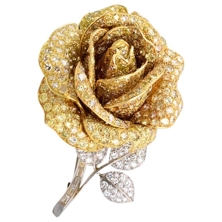 Fancy Yellow and White Diamond Rose Brooch at 1stDibs