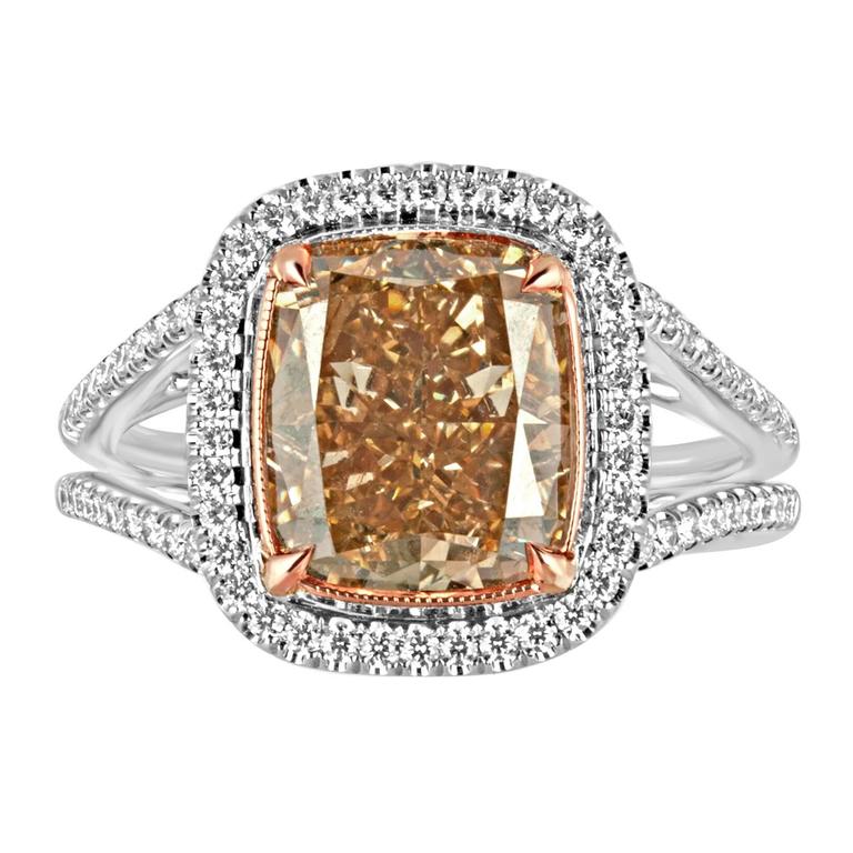 Fancy Deep Brown Orange Cushion Cut Diamond Set in Two-Color Gold Ring ...