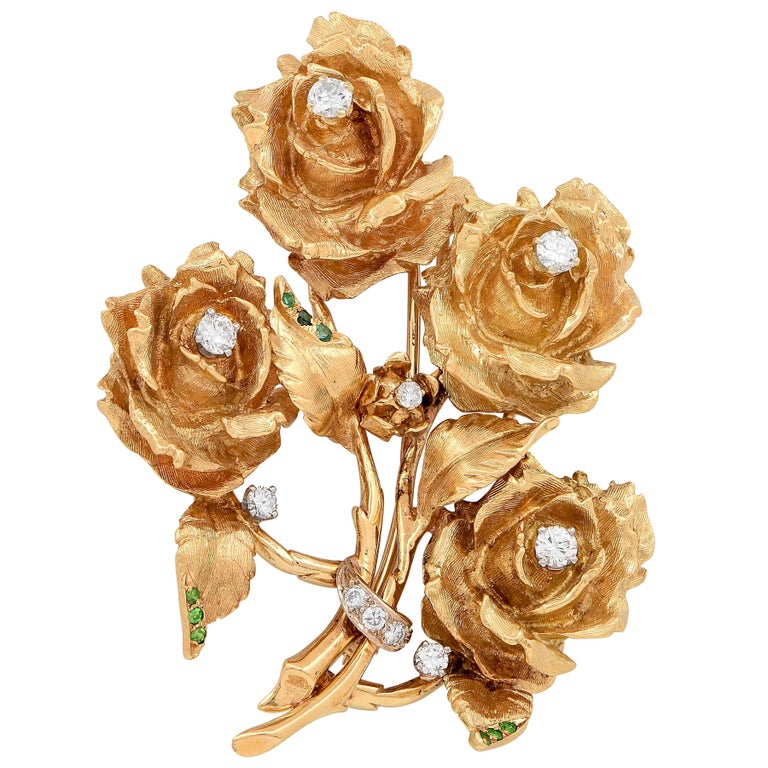 Diamond Yellow Gold Rose Brooch at 1stDibs