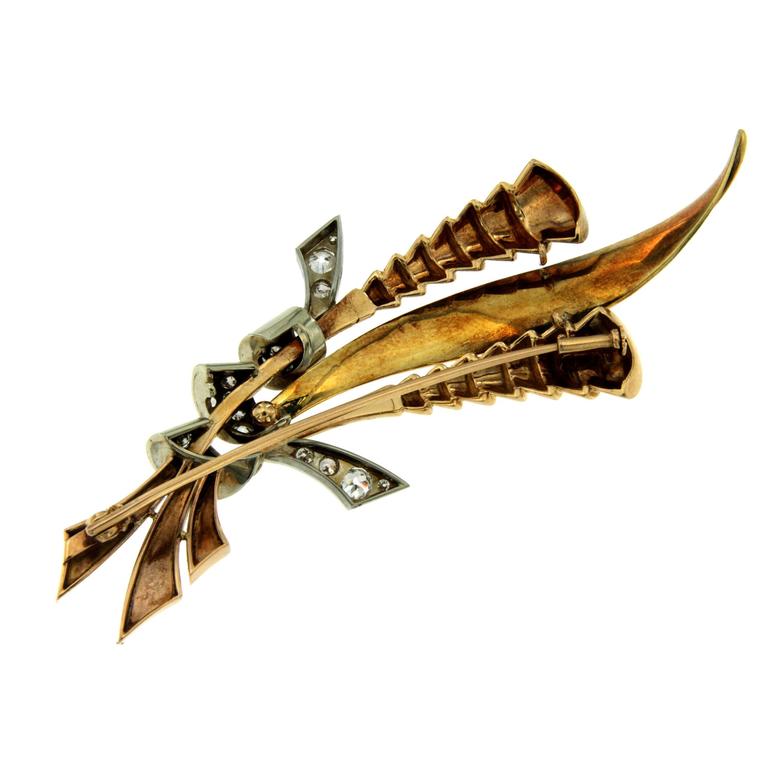 Retro Diamond 3 colors Gold Cornucopia Brooch at 1stDibs