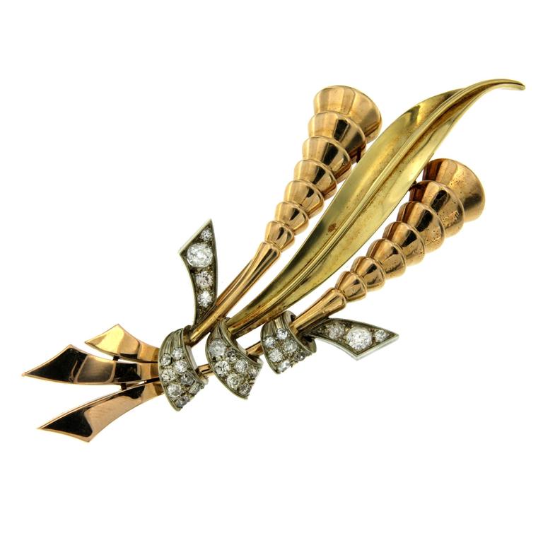 Retro Diamond 3 colors Gold Cornucopia Brooch at 1stDibs