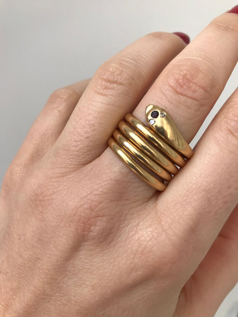 18 Karat Gold Diamond Coiled Snake Ring at 1stDibs