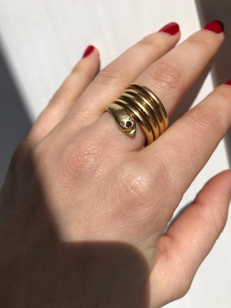 18 Karat Gold Diamond Coiled Snake Ring at 1stDibs