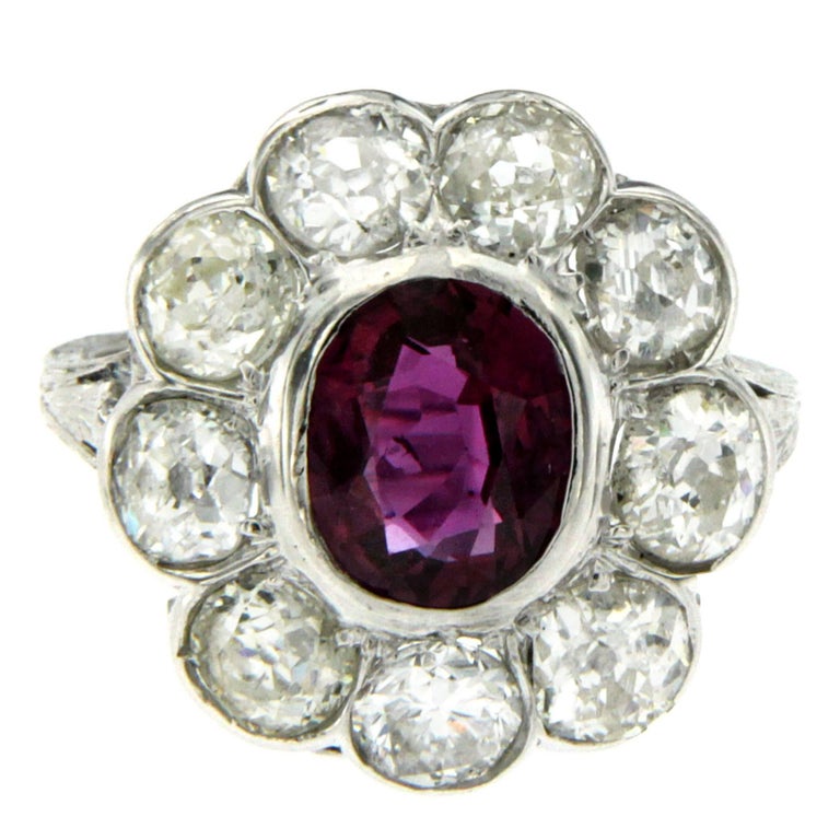 Antique 1900s Natural Ruby Diamond White Gold Cluster Ring at 1stDibs