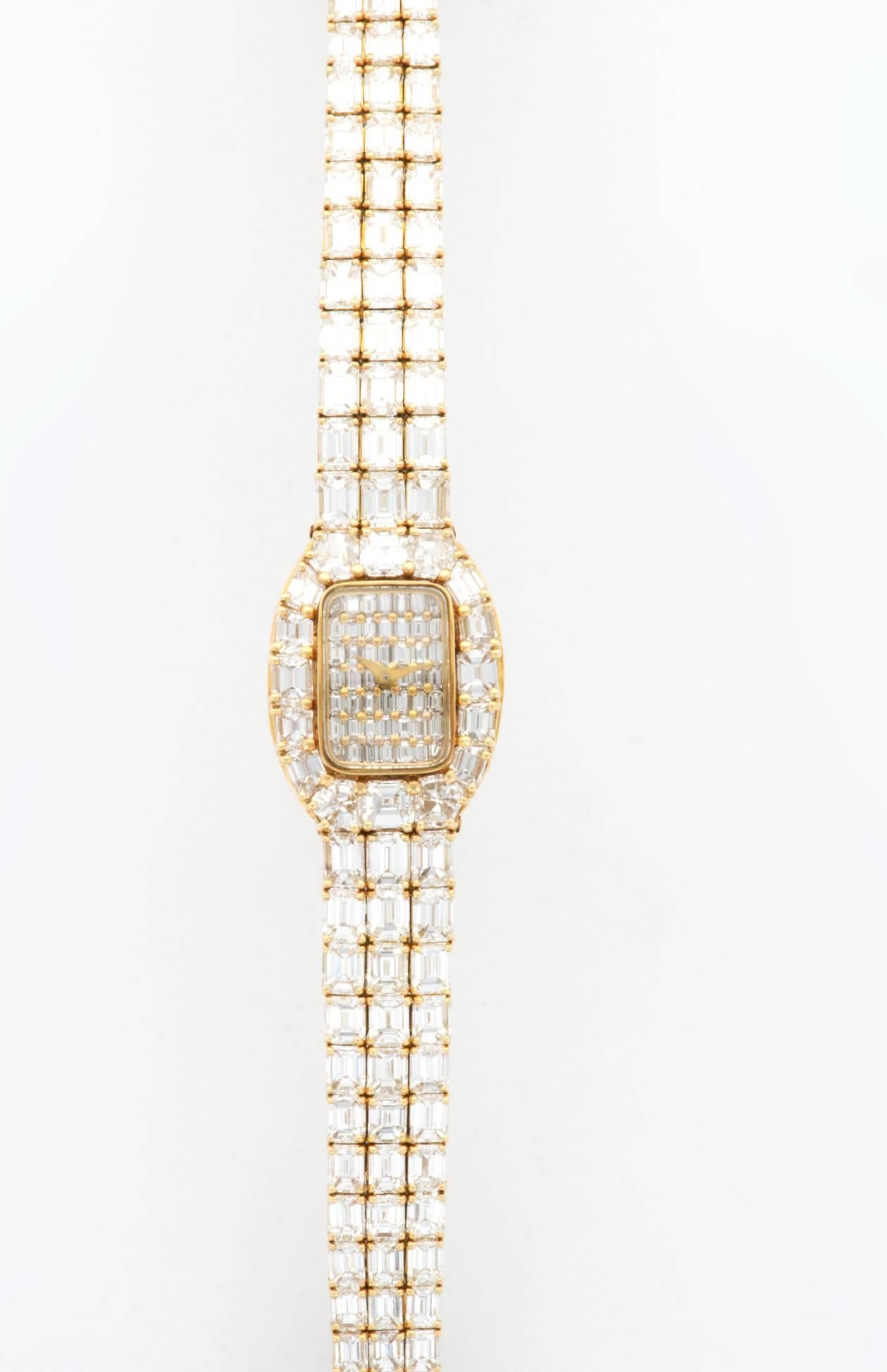 Emerald-Cut Diamond Gold Bracelet Wristwatch by Majesty at 1stDibs