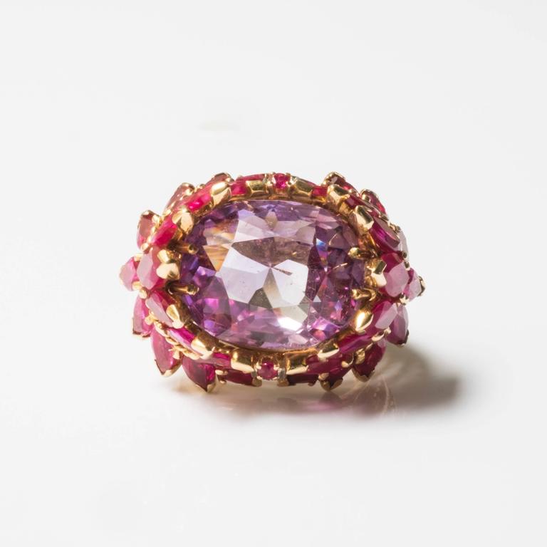 1960s Marchak Ruby Morganite Diamond Gold Platinum Ring For Sale at 1stDibs