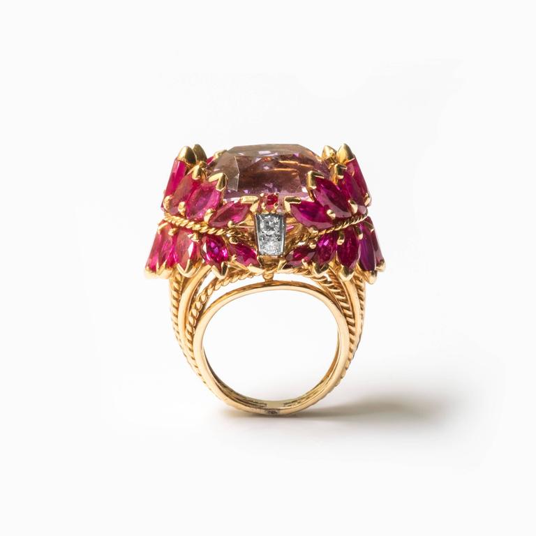 1960s Marchak Ruby Morganite Diamond Gold Platinum Ring For Sale at 1stDibs