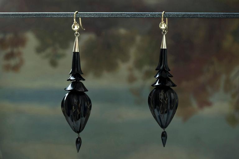 Victorian Carved Whitby Jet Drop Earrings For Sale at 1stDibs
