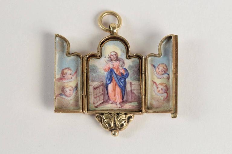 Antique French Triptych Enamel Gold Pendant at 1stDibs