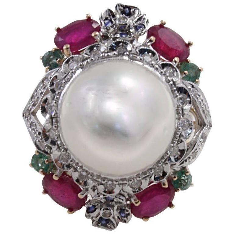 Diamond Ruby Emerald Pearl Gold Ring at 1stDibs