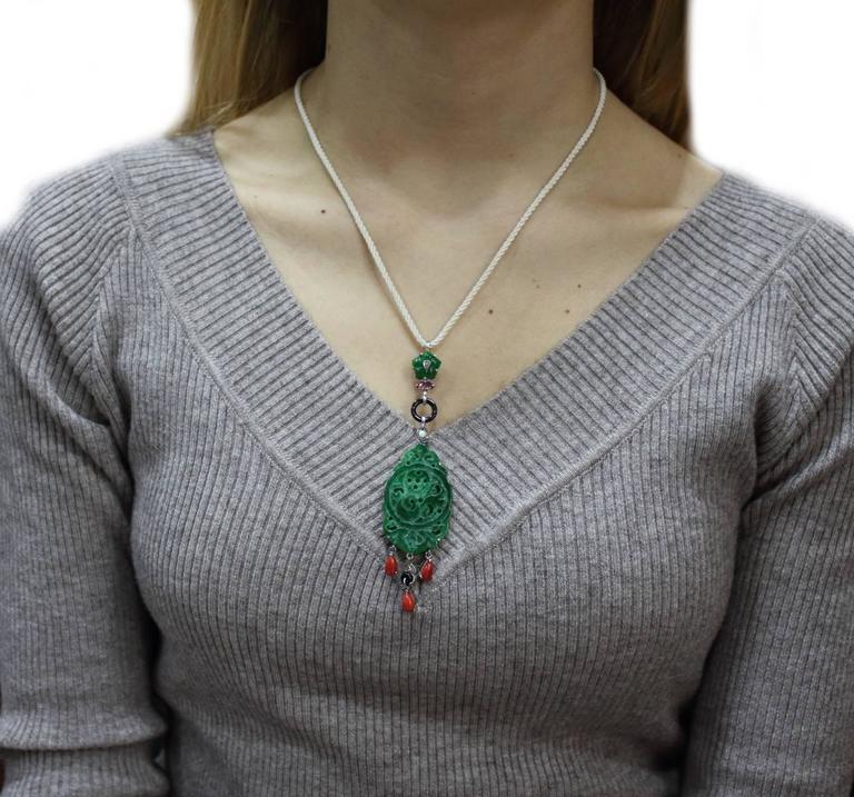 Green Agate, Red Coral , Onyx, Ruby, Diamonds Gold and Silver Pendant ...