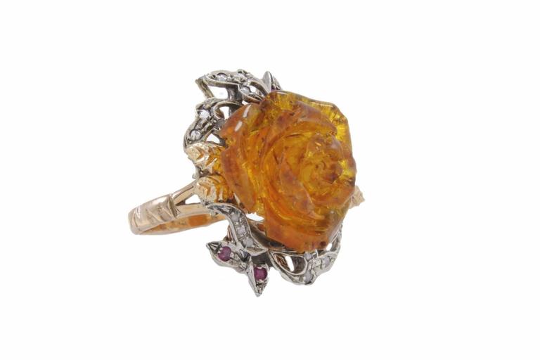 Diamond Ruby and Resin Amber Rose Gold Ring at 1stDibs | amber rose ring