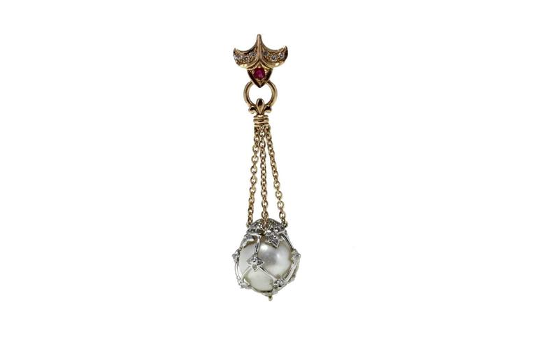 Australian Pearl Ruby Diamond Gold Dangle Earrings at 1stDibs