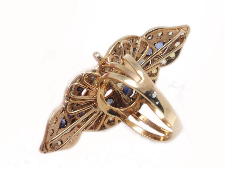 Diamonds and Blue Sapphires Rose Gold and Silver Rhombus Shape Cocktail ...