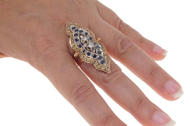 Diamonds and Blue Sapphires Rose Gold and Silver Rhombus Shape Cocktail ...