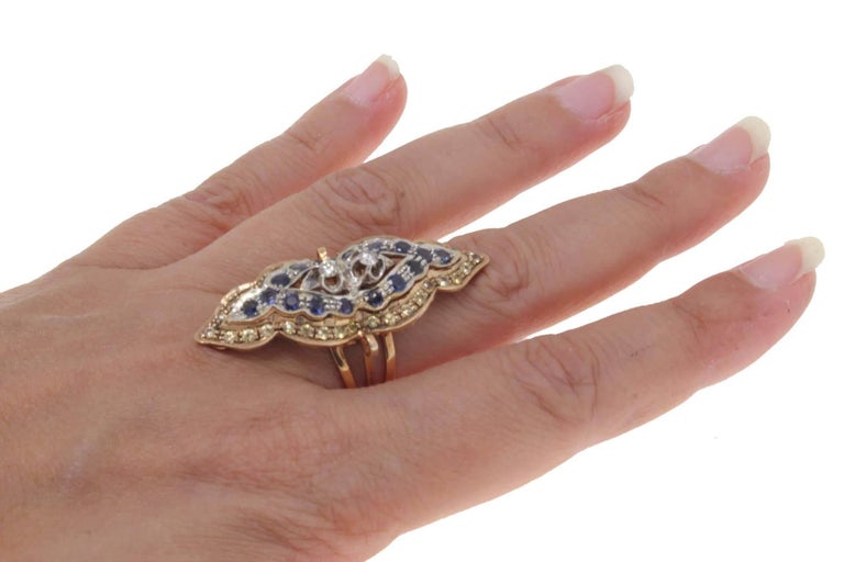 Diamonds and Blue Sapphires Rose Gold and Silver Rhombus Shape Cocktail ...