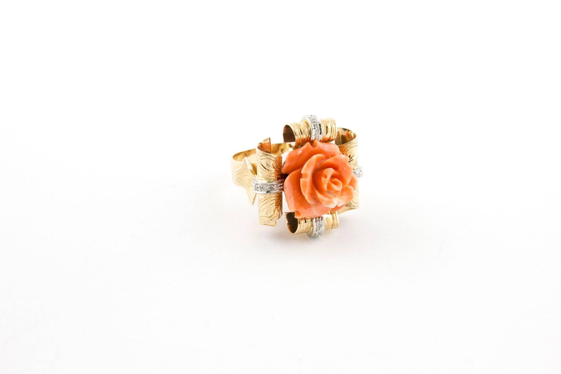 Diamonds and Natural Coral Flower Engraved Rose Gold Fashion Ring at ...