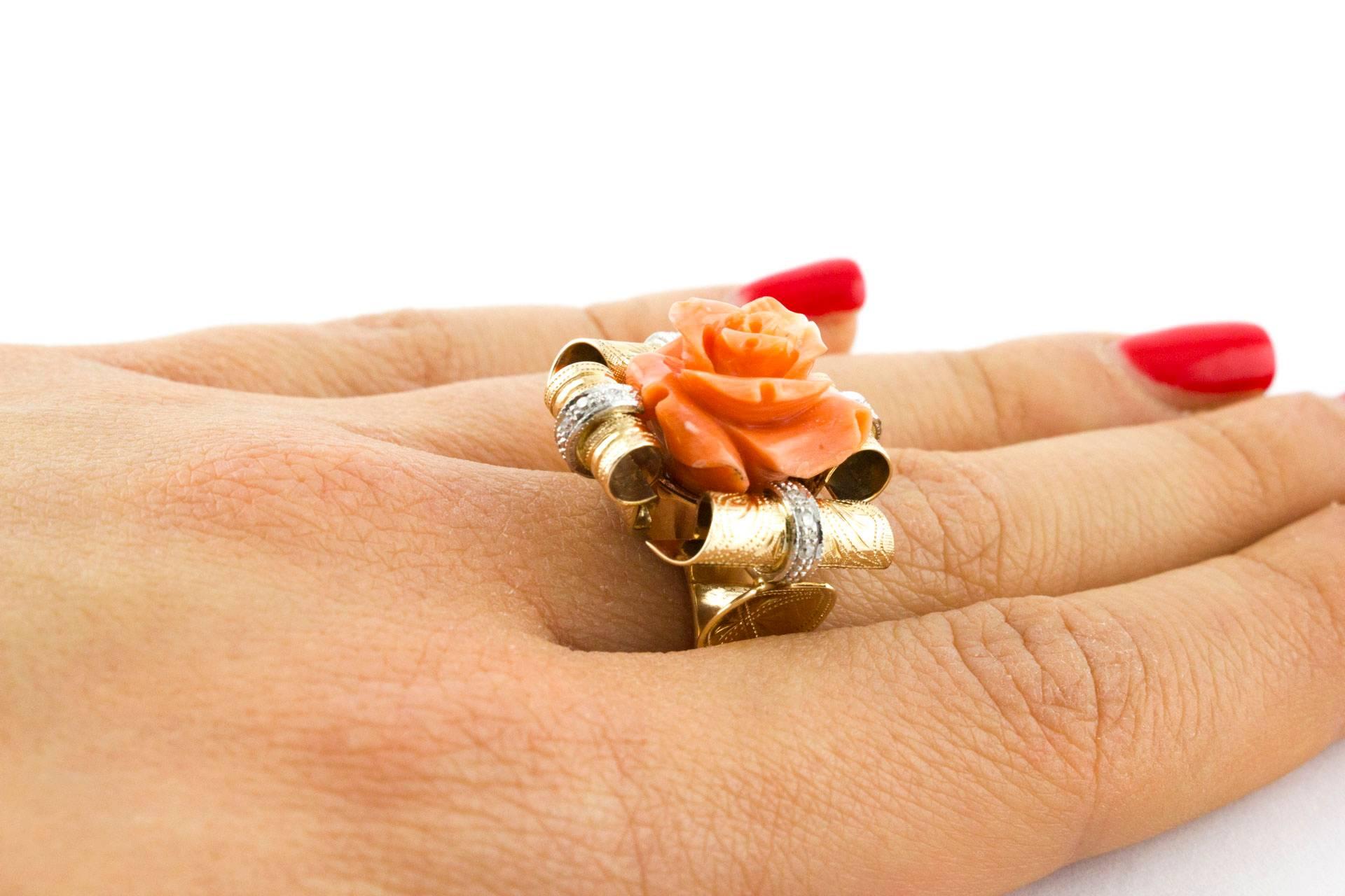 Diamonds and Natural Coral Flower Engraved Rose Gold Fashion Ring at ...
