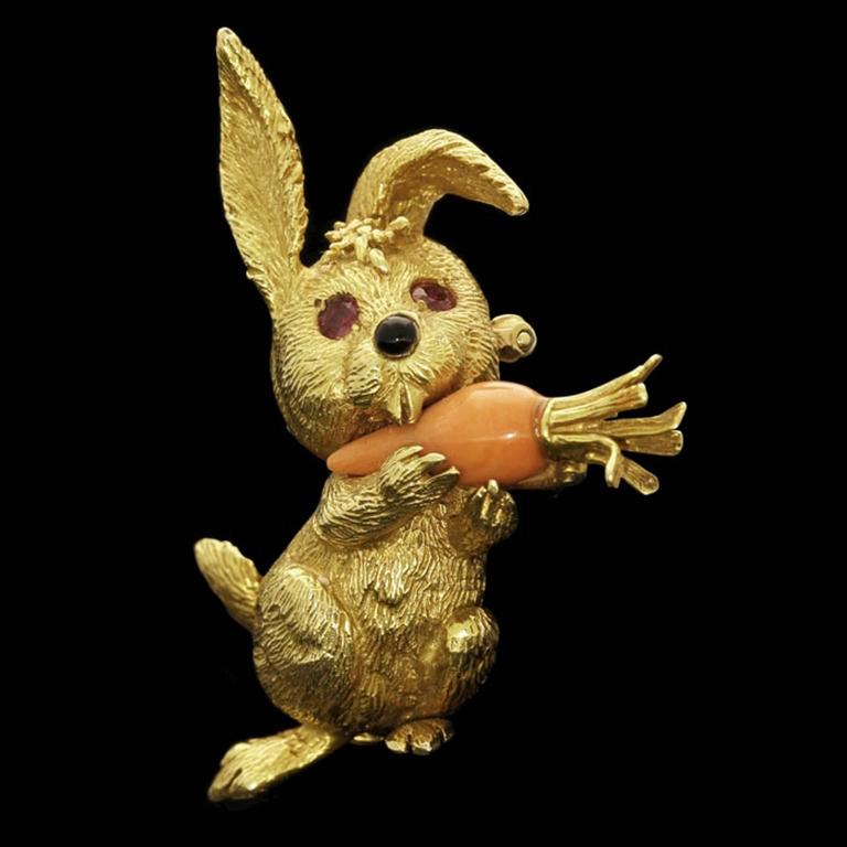 1960s Cartier Charming Coral Gold Rabbit Brooch at 1stDibs