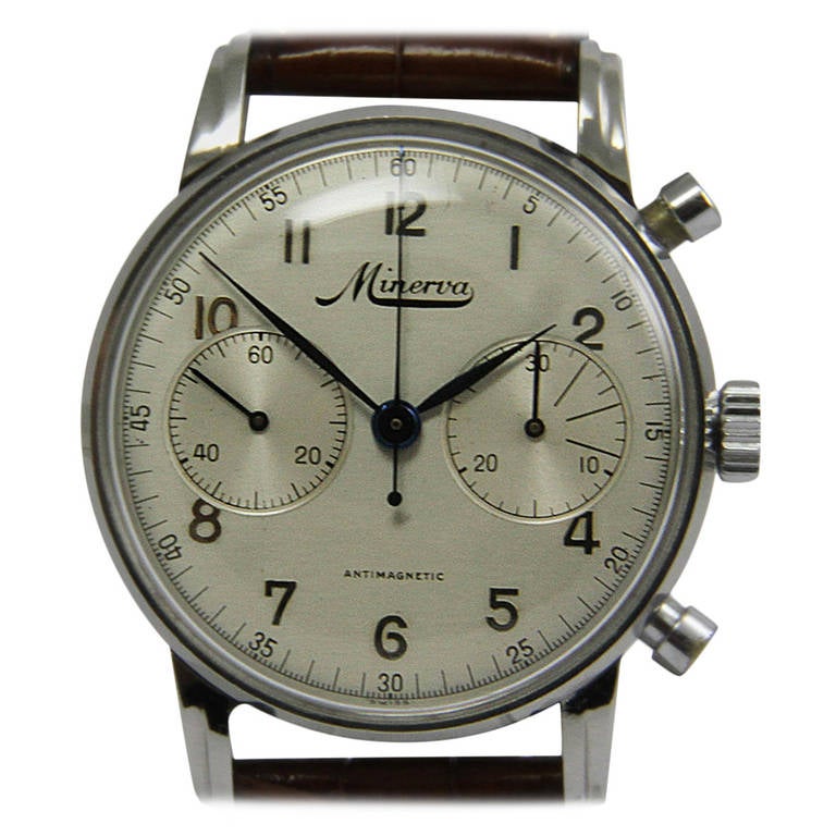 Minerva Stainless Steel Chronograph Wristwatch at 1stDibs