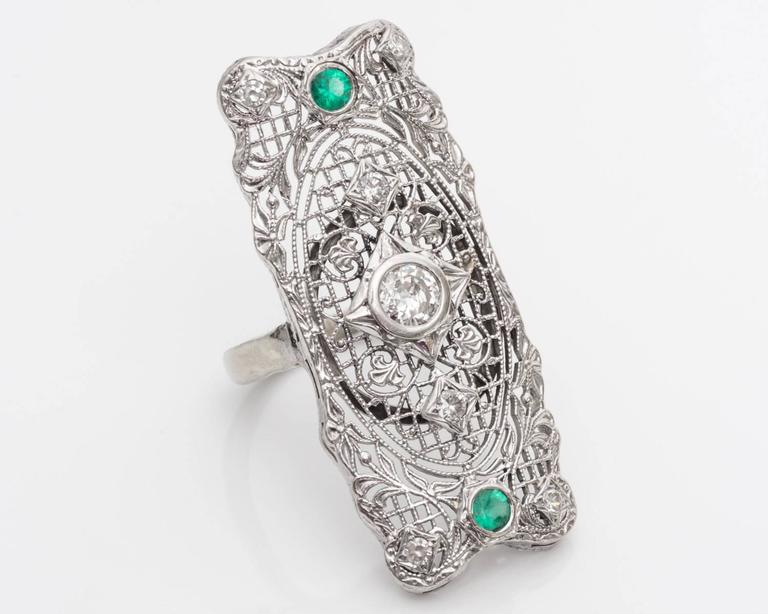 1940s Diamond and Emerald Filigree Shield Ring at 1stDibs