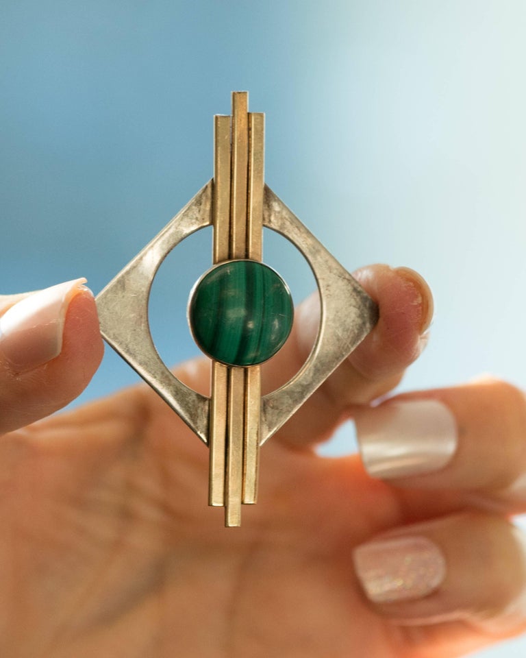 1950s Malachite Geometric Brooch in Sterling Silver and 18 Karat Gold ...