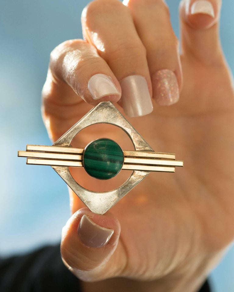 1950s Malachite Geometric Brooch in Sterling Silver and 18 Karat Gold ...