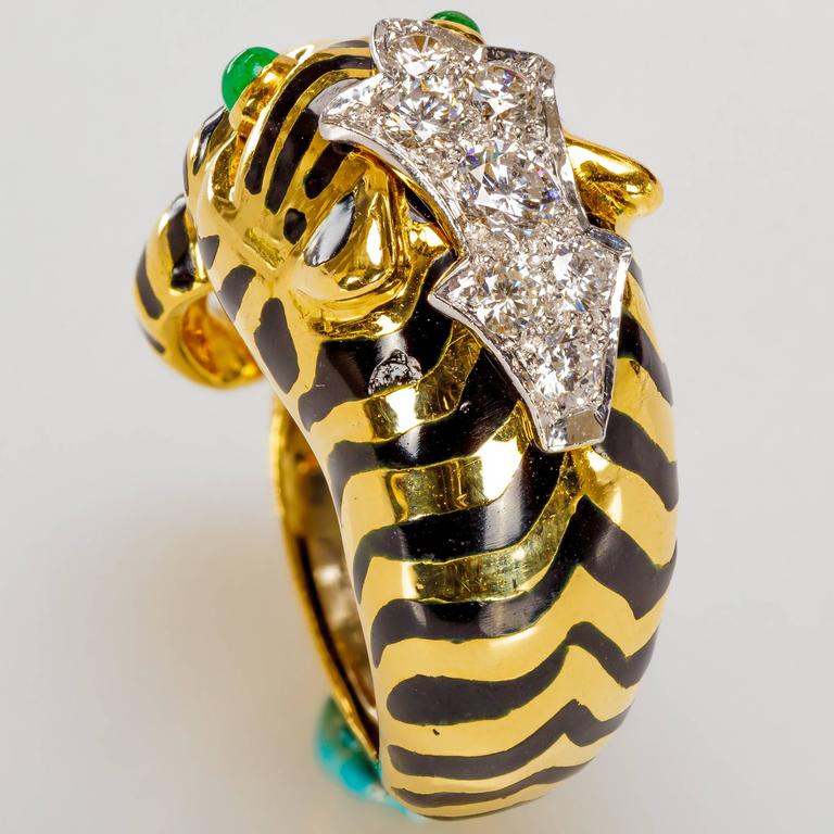David Webb Emerald Diamond Gold Platinum Tiger Ring at 1stDibs