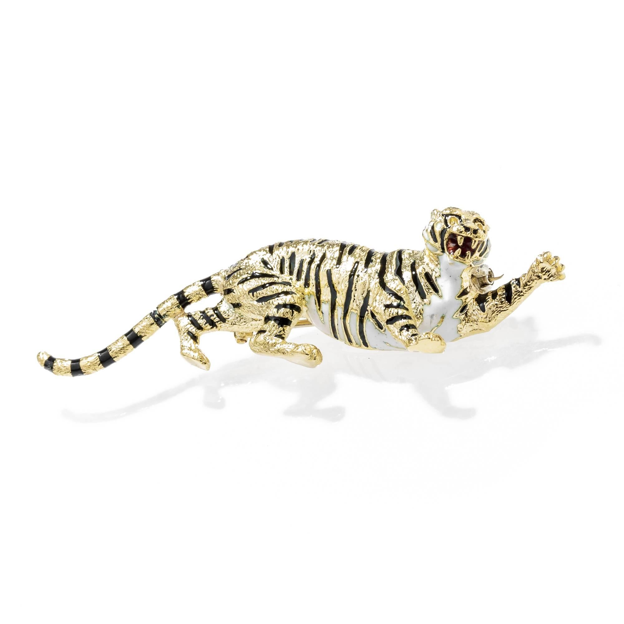 Vintage Handmade 18 Karat Yellow Gold and Ceramic Tiger Pin at 1stDibs ...