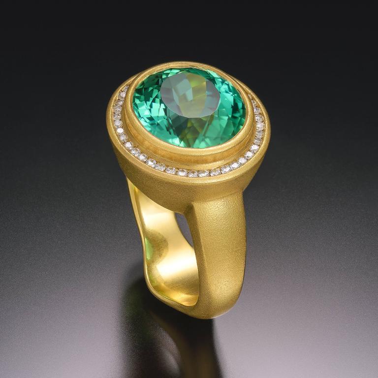 6.65 Carat Blue Green Mozambique Tourmaline Diamonds Gold Ring at 1stDibs