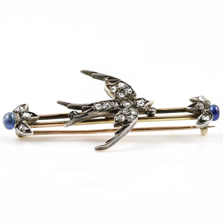 Victorian Sterling Silver and 10k Gold Swallow Brooch with Diamonds and ...