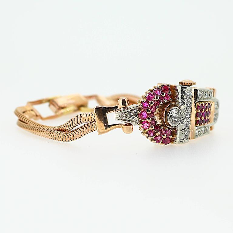 1940s Retro 14K Rose Gold Ruby and Diamond Flip Top Wrist Watch at ...