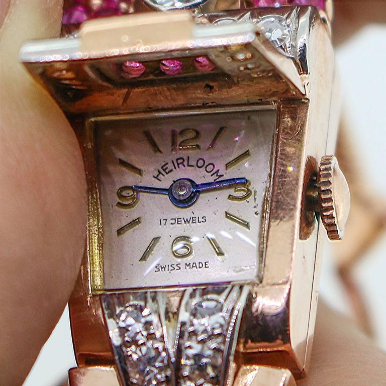 1940s Retro 14K Rose Gold Ruby and Diamond Flip Top Wrist Watch at ...