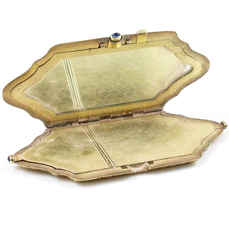 Exquisite Gold Engraved Compact With Sapphire Accents at 1stDibs