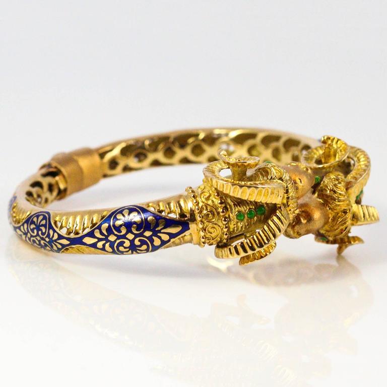 1960s Enamel Emerald Yellow Gold Ram's Heads Bangle Bracelet at 1stDibs ...